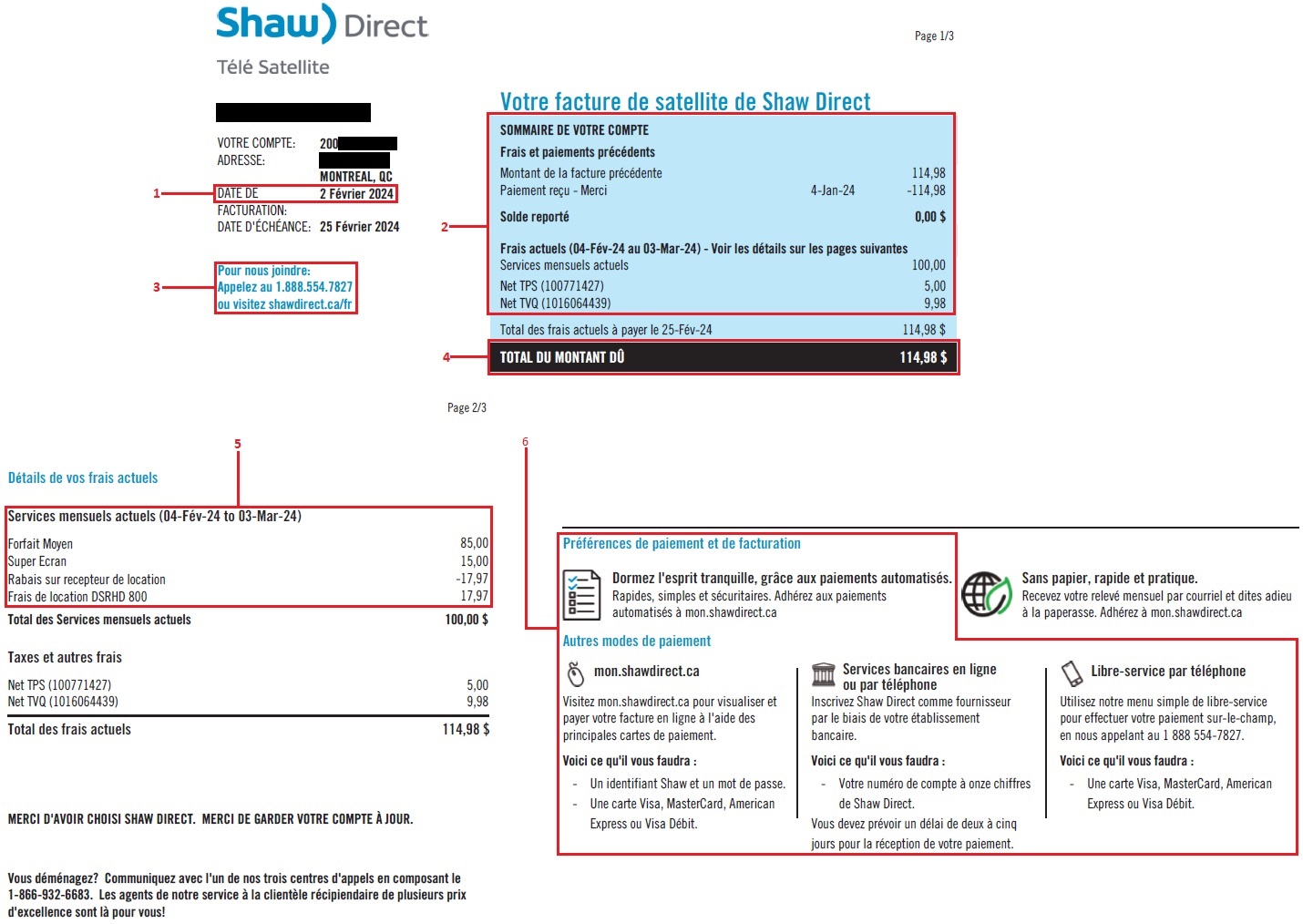 Explication de votre facture de Shaw Direct